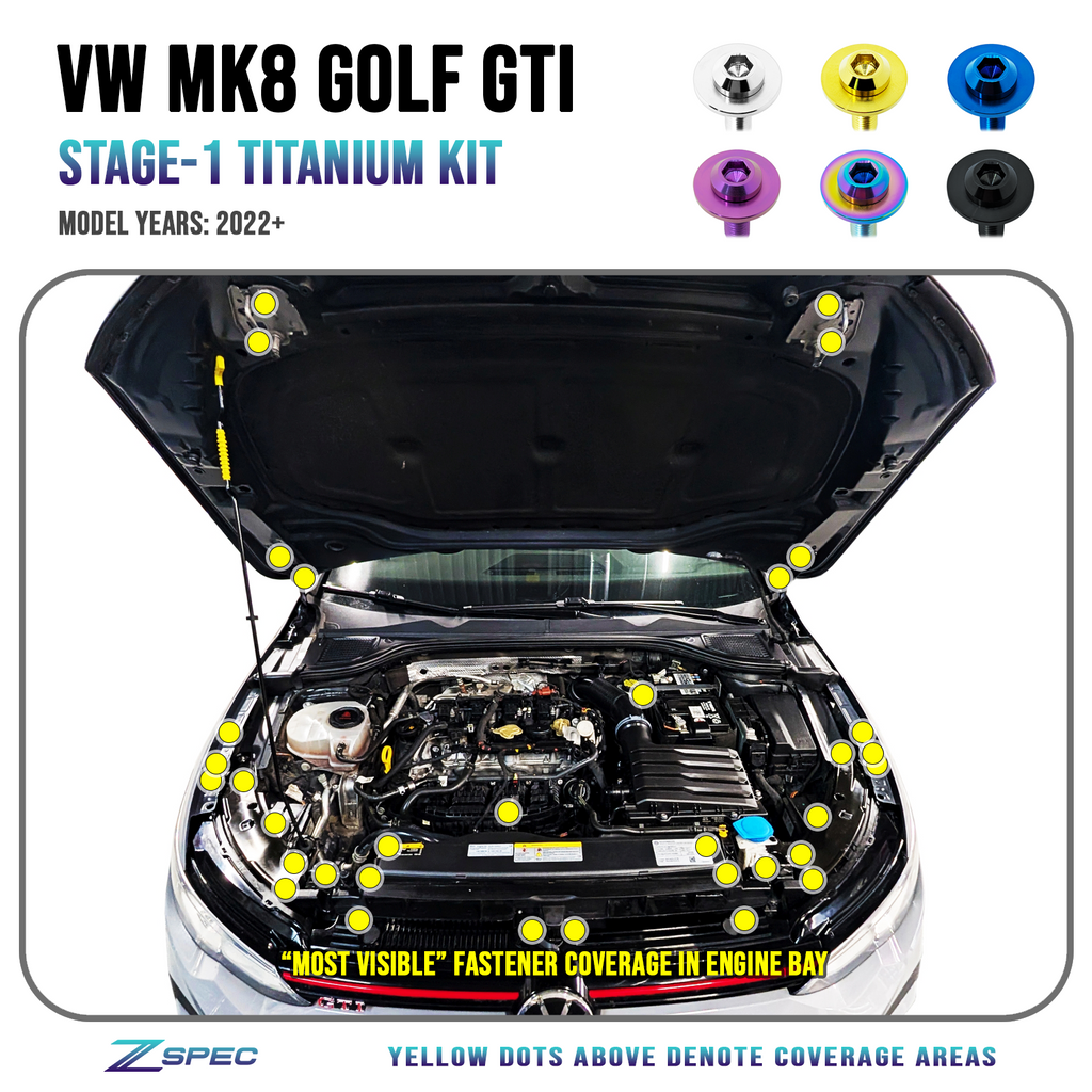 ZSPEC Hood & Hood Hinges Titanium Hardware Kit for the '22+ VW MK8 Gol